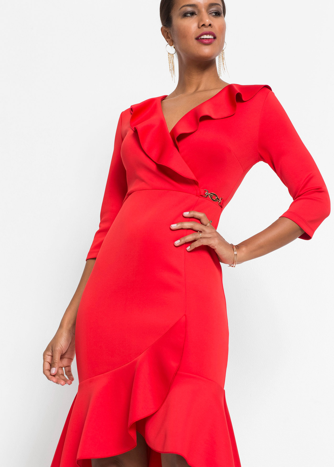 bonprix Úpletové šaty s volánem Červená Žena 32/34 - GLAMI.cz