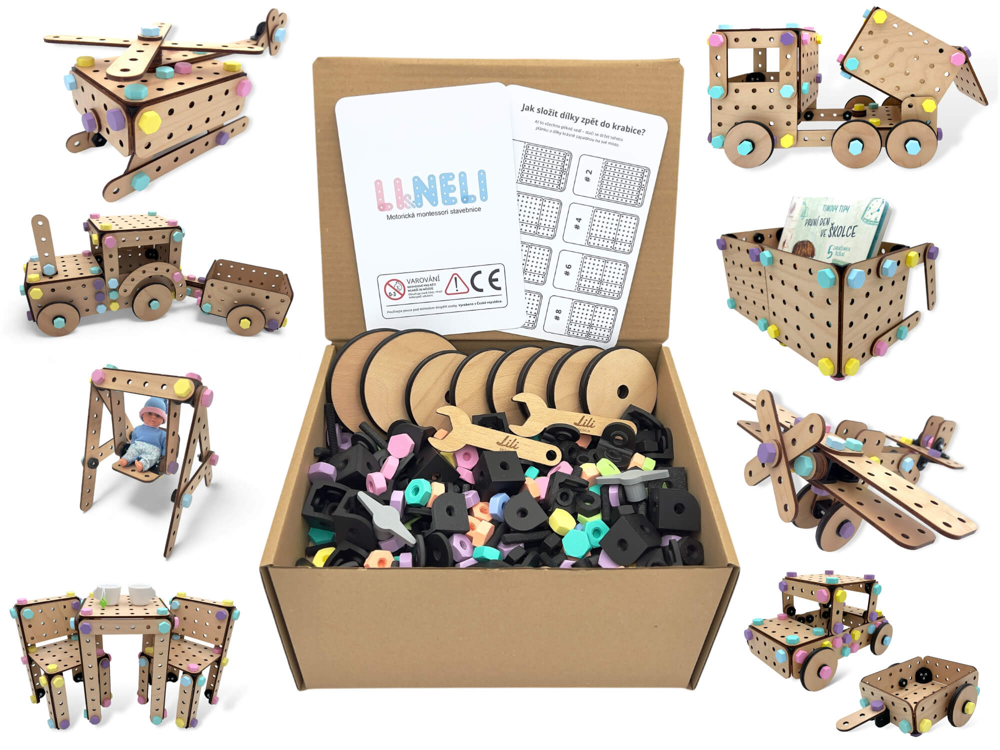 Li&Neli Motorická montessori stavebnice ze dřeva - velká sada Big Box ...
