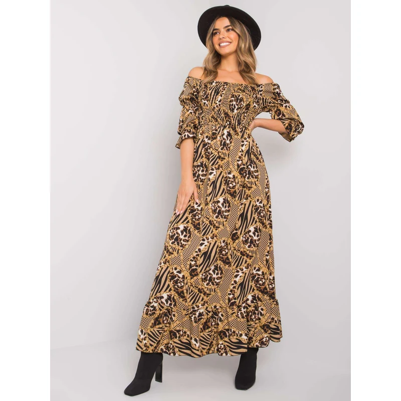 ITALY MODA BÉŽOVÉ MAXI ŠATY SE VZOREM --DARK BEIGE Vzory - GLAMI.cz