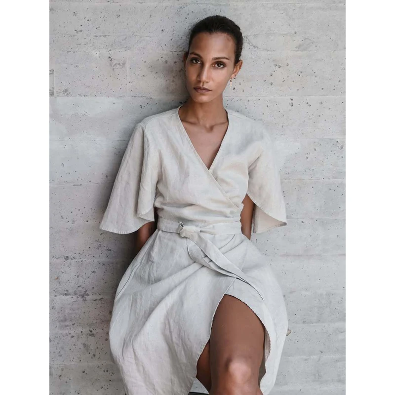 Luciee Linen Wrap Dress In Beige - Ayla - GLAMI.cz