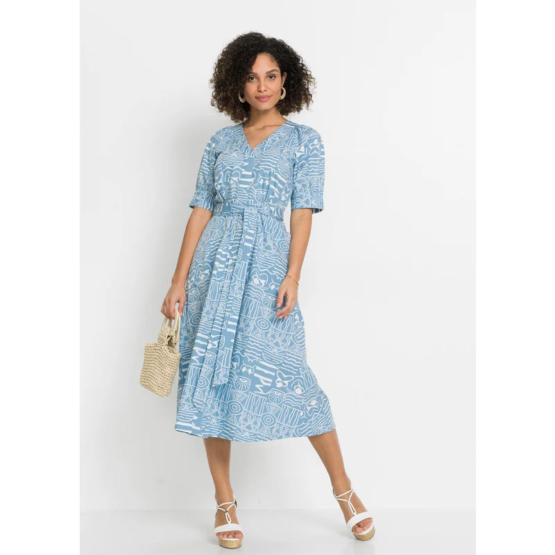 bonprix Halenkové šaty se zavazovacím páskem Modrá - GLAMI.cz