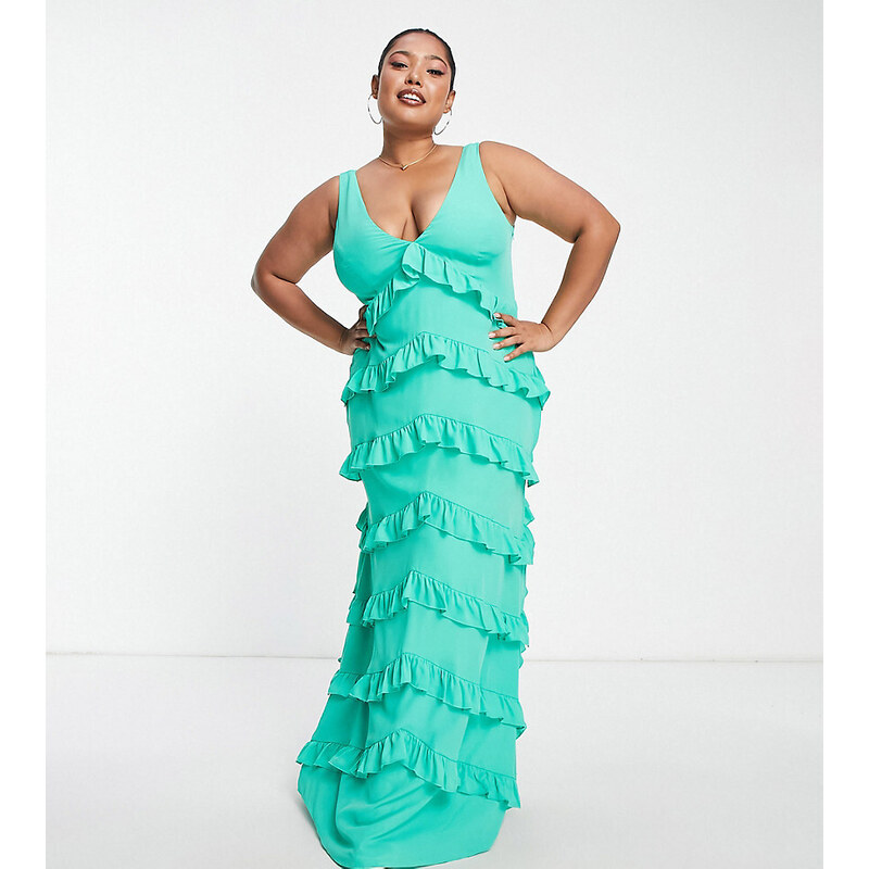 Pretty Lavish Curve ruffle maxi dress in emerald green - GLAMI.cz
