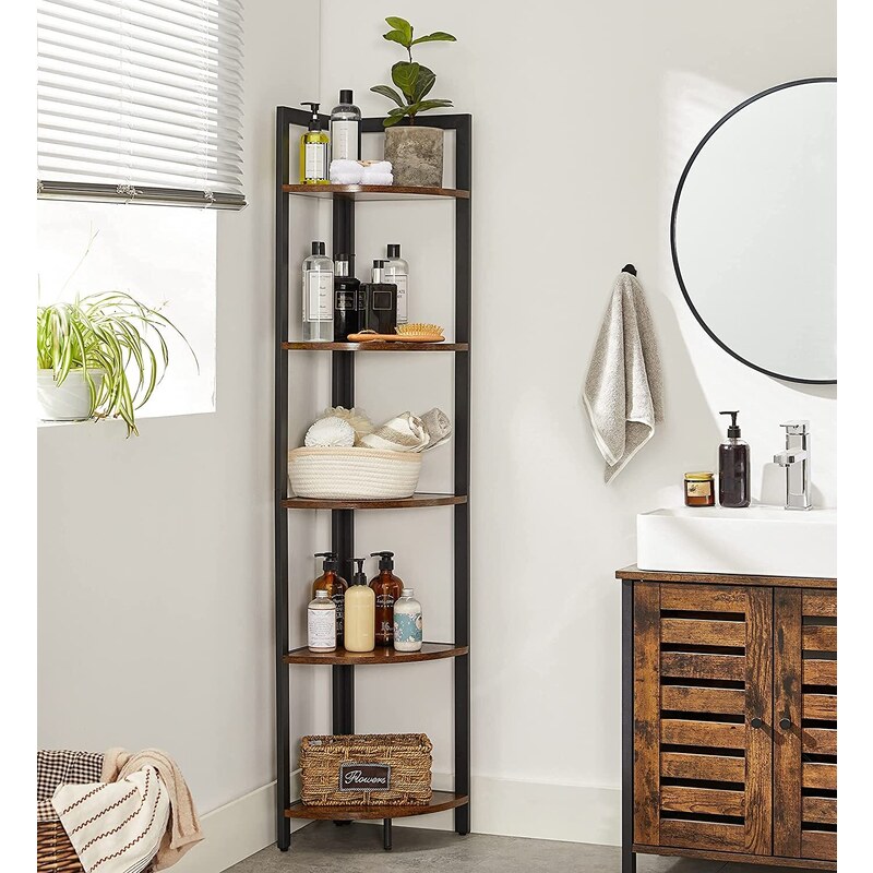 Vasagle Rohová knihovna, police, regál Liscio, Rustikální hnědá/Černá ...