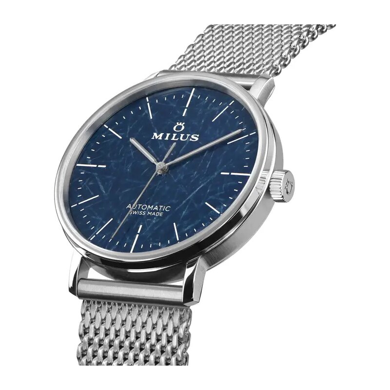 Milus Watches Stříbrné pánské hodinky Milus s ocelovým páskem LAB 01 Sky Blue 40MM Automatic ...