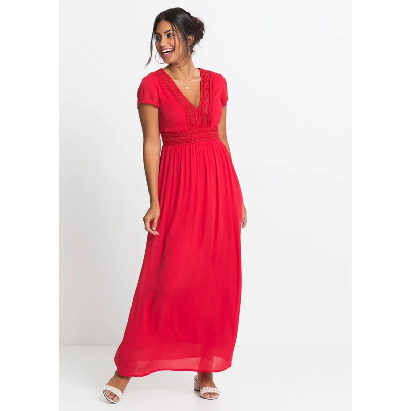 bonprix Dlouhé letní šaty s krajkou, v krátkých velikostech Červená ...