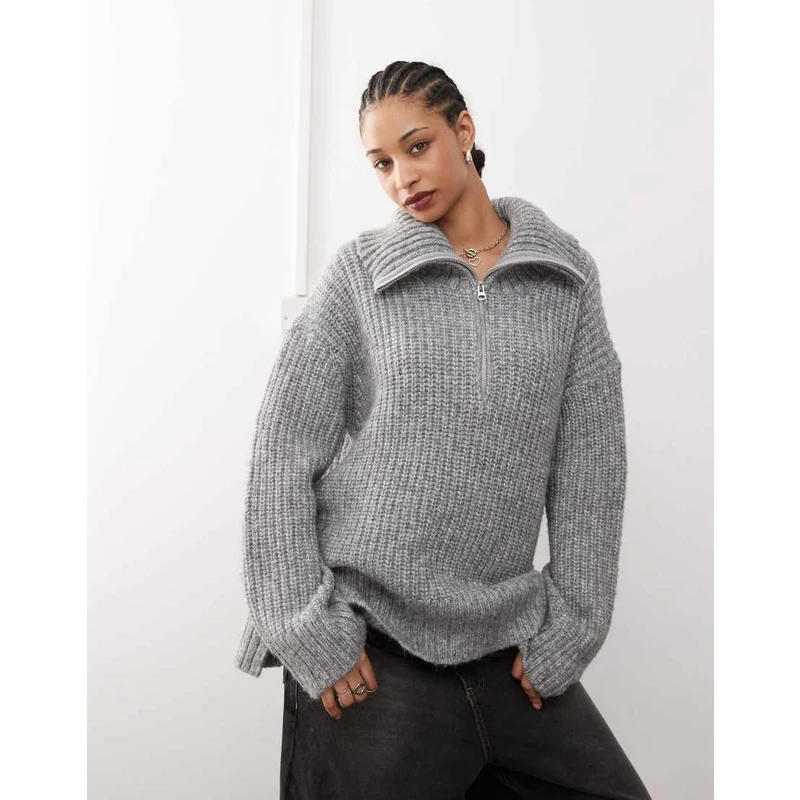 Weekday Cillia half zip extreme collar heavyweight jumper in grey ...