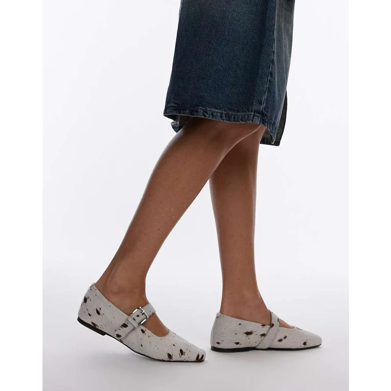 Topshop Cyndi square toe ballet flats with buckle in cow print hair on ...