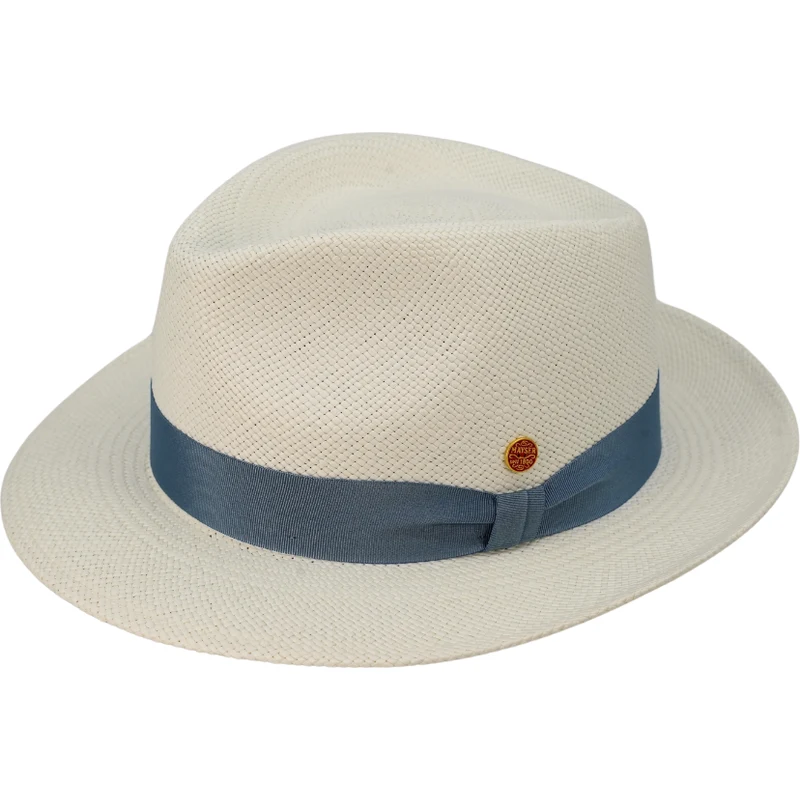 Panamský klobouk Trilby bělený s menší krempou a modrou stuhou - UV ...