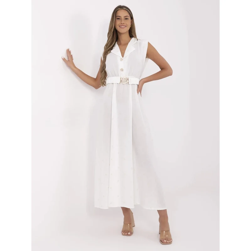 ITALY MODA Bílé dámské dlouhé šaty s límečkem a zlatým páskem -white ...