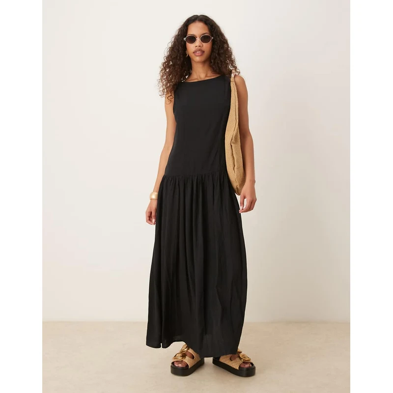 ASOS DESIGN linen blend low back drop waist maxi dress in black - GLAMI.cz