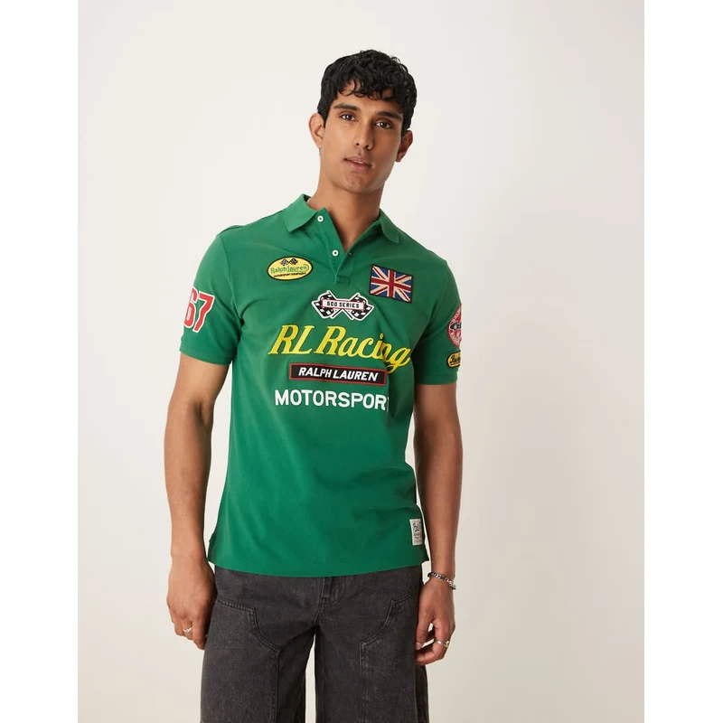 Polo Ralph Lauren racing logo chest and back print pique polo classic ...