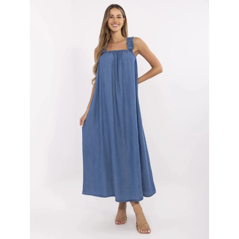 ITALY MODA Tmavě modré volné šaty z tenkého denimu s volánky a ...