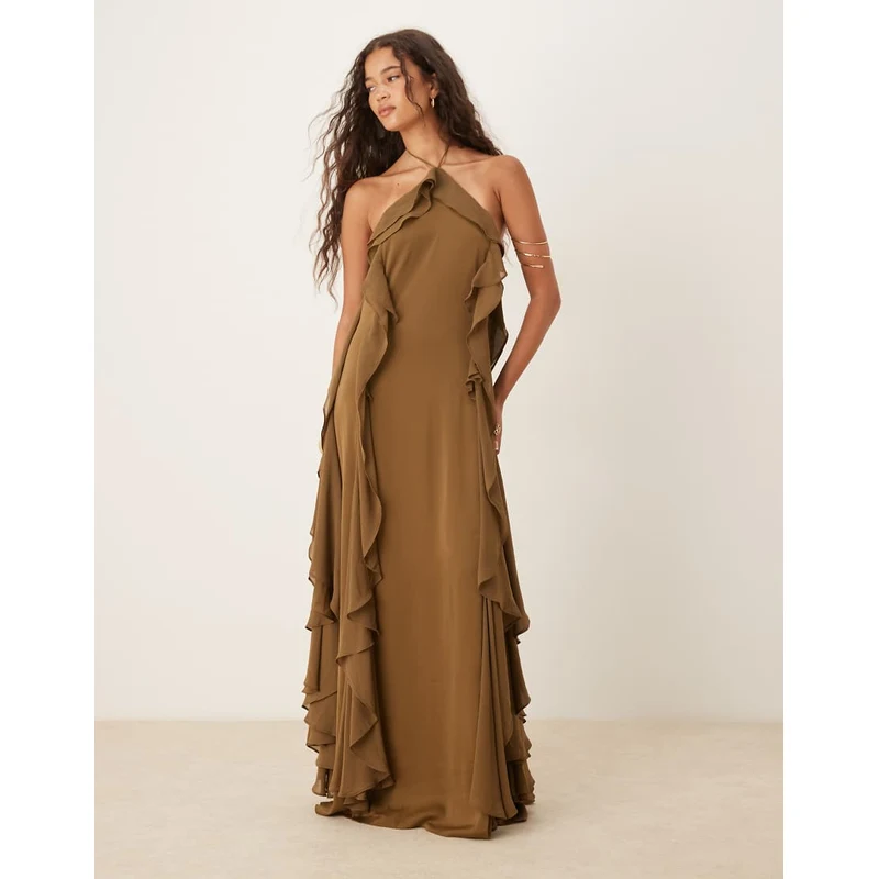 Six Stories halter ruffle maxi dress in deep olive-Green - GLAMI.cz