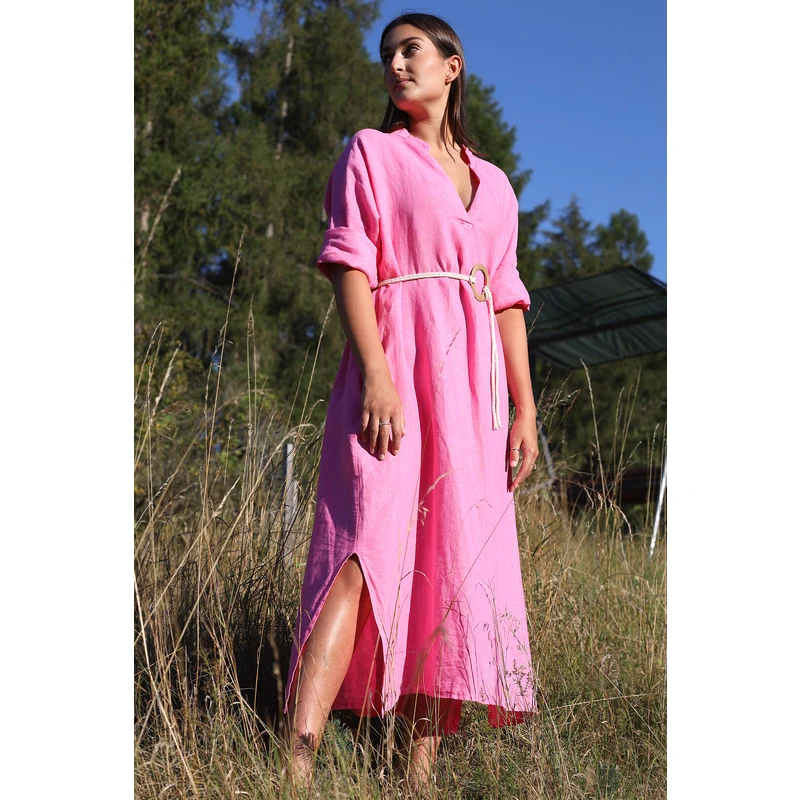 Glara Maxi lněné šaty s rozparky a kapsami - GLAMI.cz