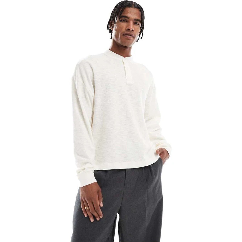 ASOS DESIGN oversized boxy henley in cream texture-White - GLAMI.cz