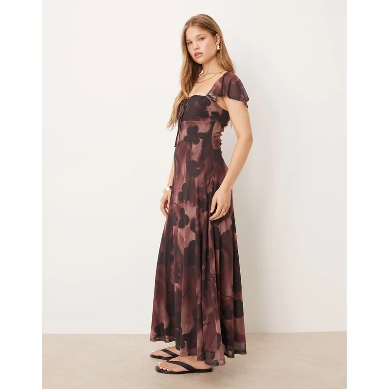 ASOS DESIGN mesh milkmaid puff sleeve maxi dress in floral print-Multi ...