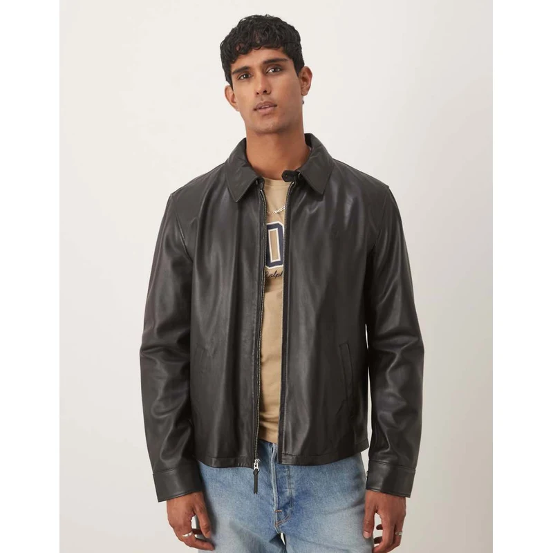 Polo Ralph Lauren Maxwell icon logo lined leather harrington jacket in ...